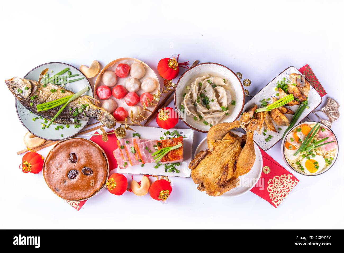 Traditional Chinese lunar New Year dinner table, party invitation, menu ...