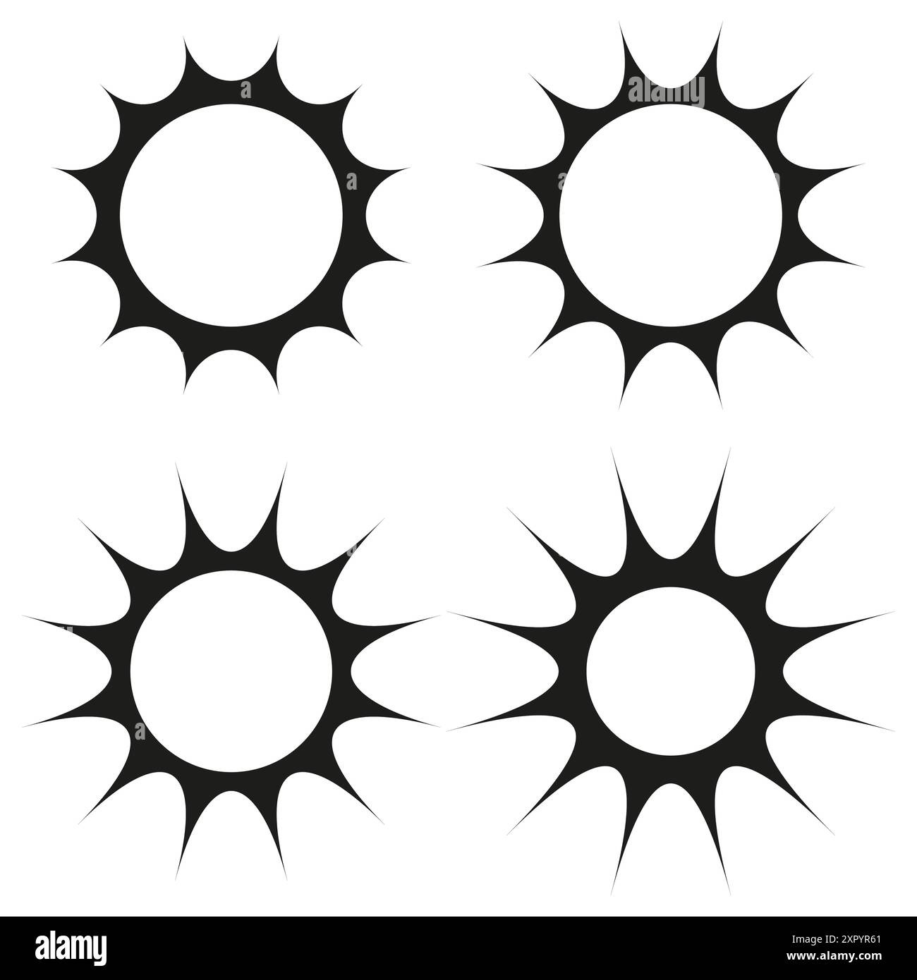 Sunburst icon set. Bold black shapes. Radiating sun rays. Vector ...