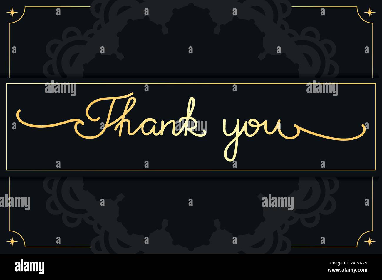 Hand drawn lettering Thank you on black background. Golden phrase ...