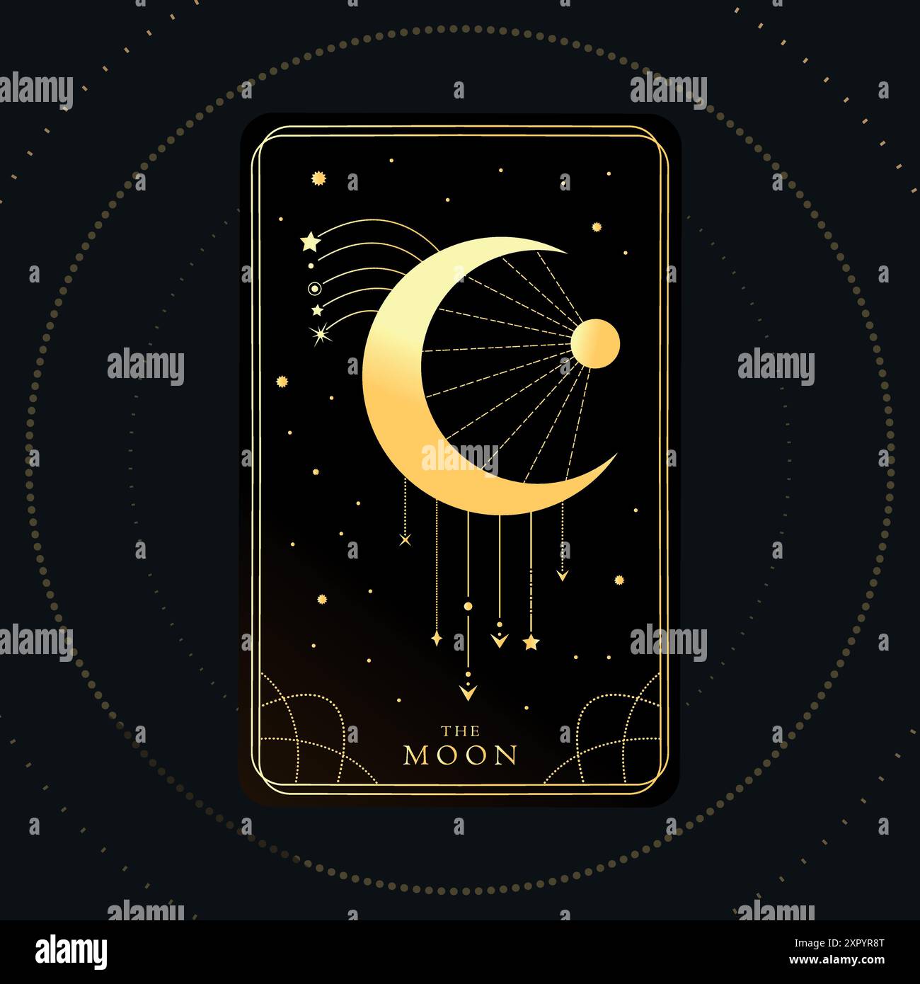 Golden Tarot card of Major Arcana the Moon. Shiny crescent decorated ...