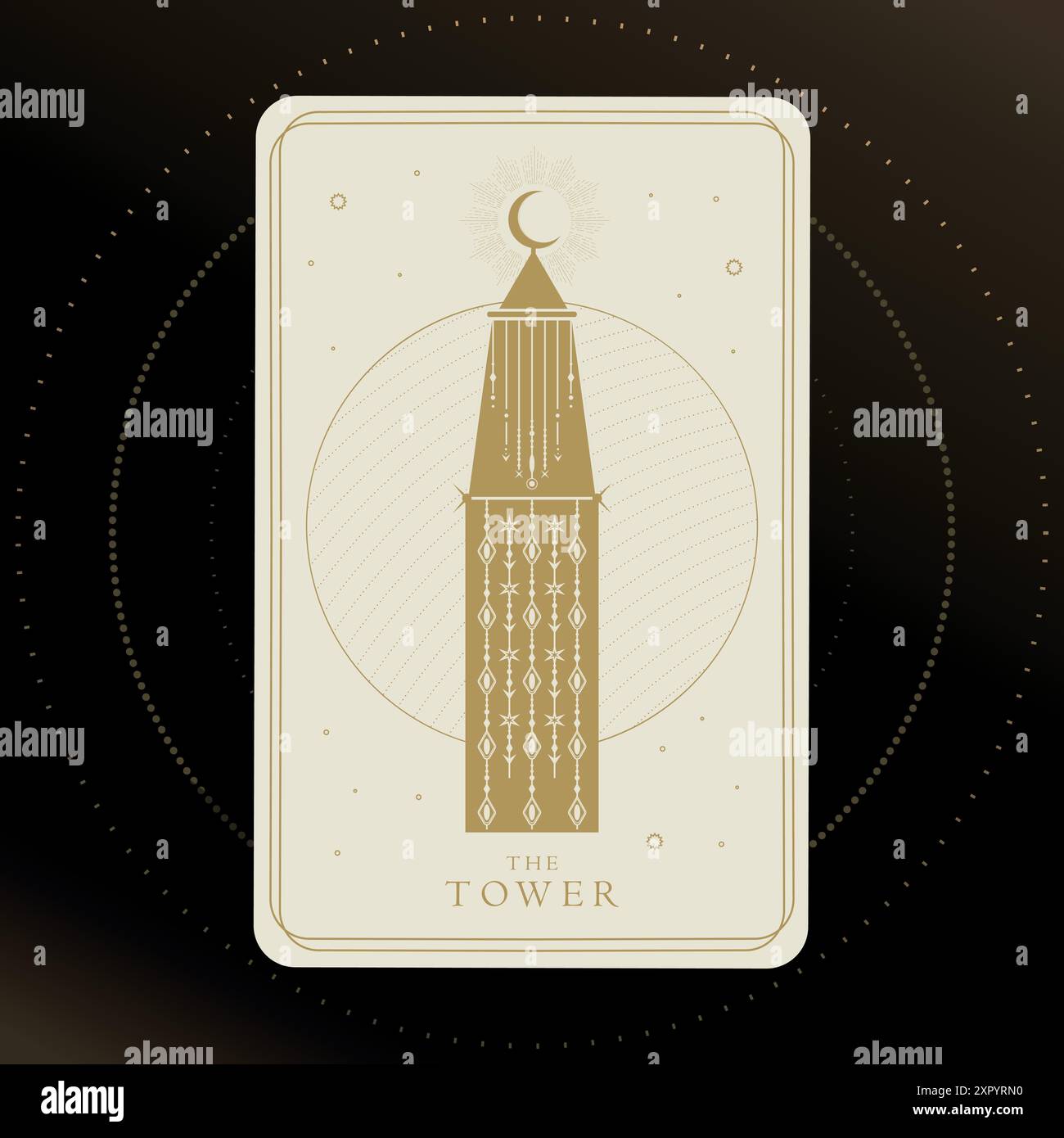Golden tarot card of Major Arcana the Tower. Tarot card in golden and white colors. Tarot ...