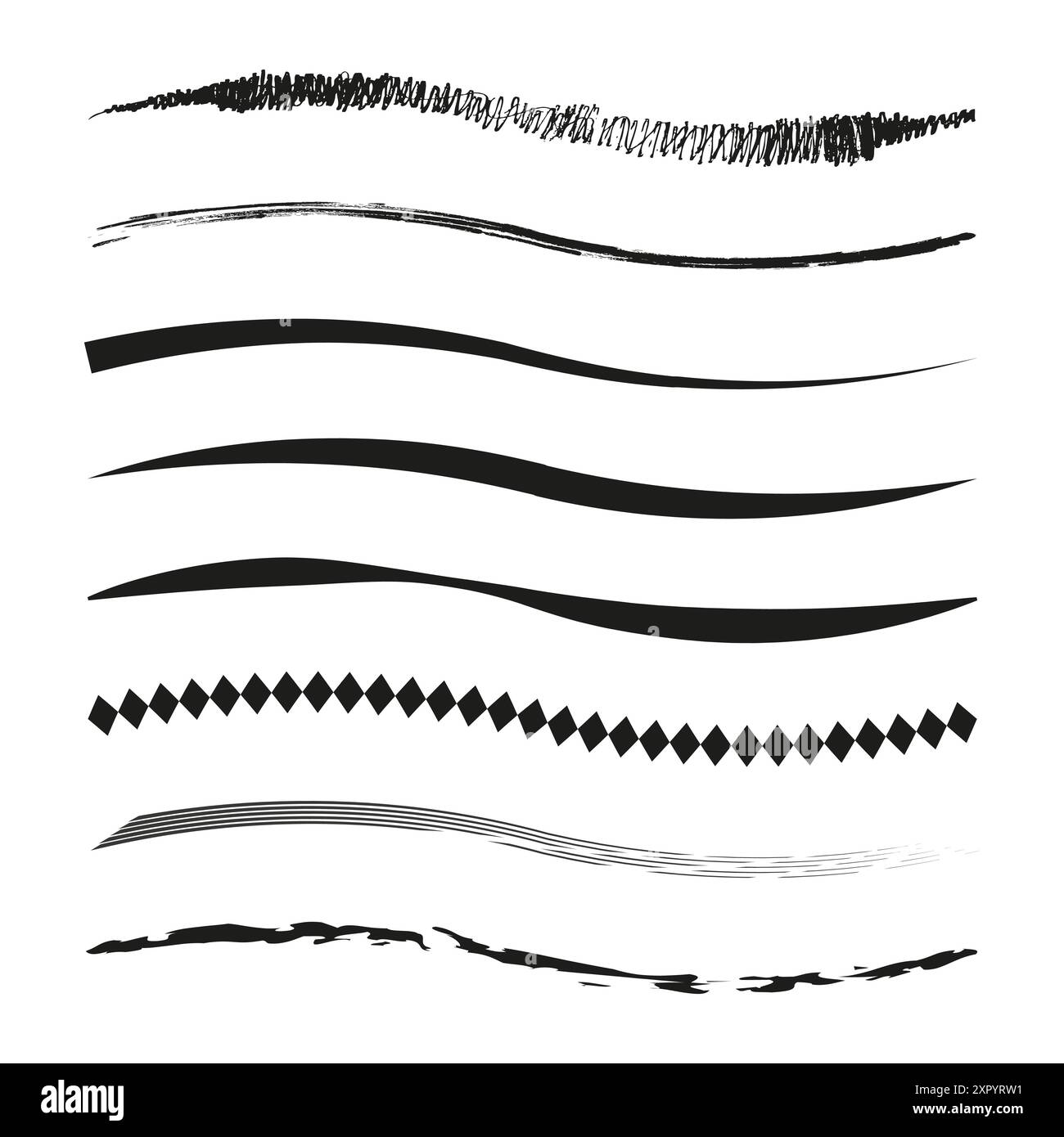 Brush stroke vector set. Hand-drawn ink lines. Grunge, wavy, and ...