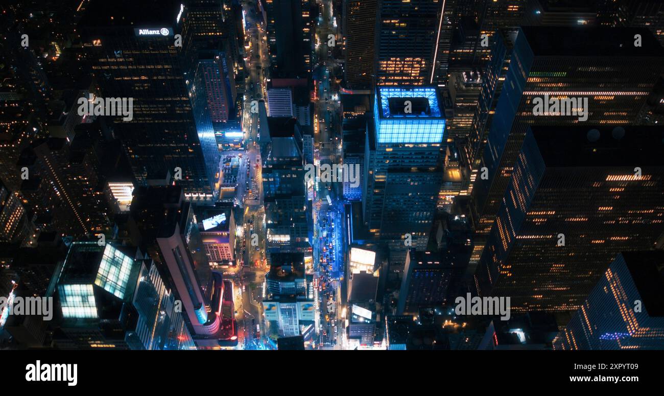 Night Aerial Image of New York City with Skyscraper Spires and Straight ...