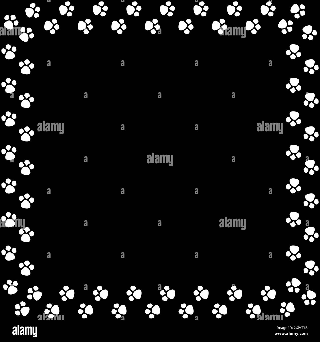 Paw print frame. Vector border design. Black background. White paw ...