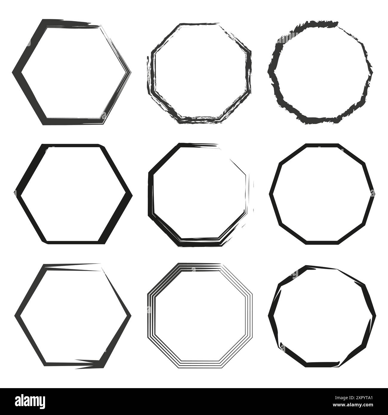Hand drawn geometric frames. Nine vector outlines. Black and white ...