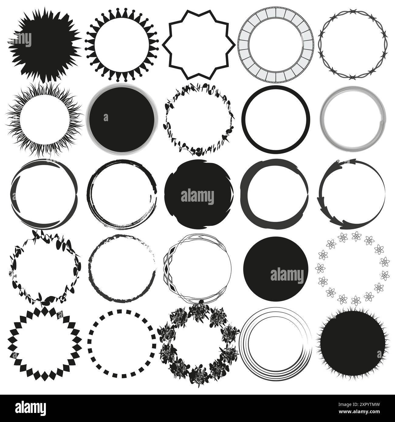 Circular frame icons. Varied border designs. Black and white elements ...