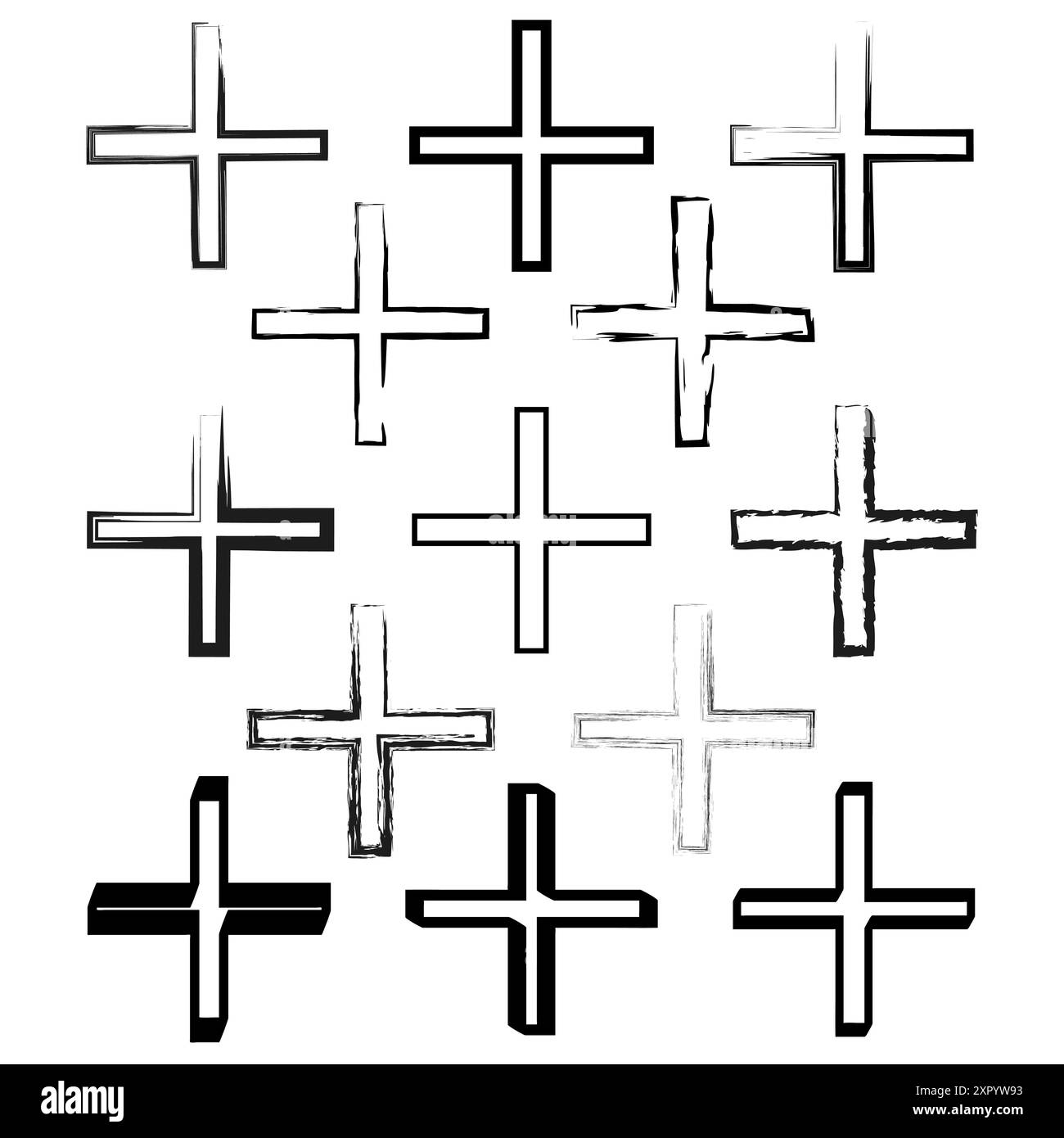 Hand drawn plus icons. Fourteen vector designs. Black and white ...