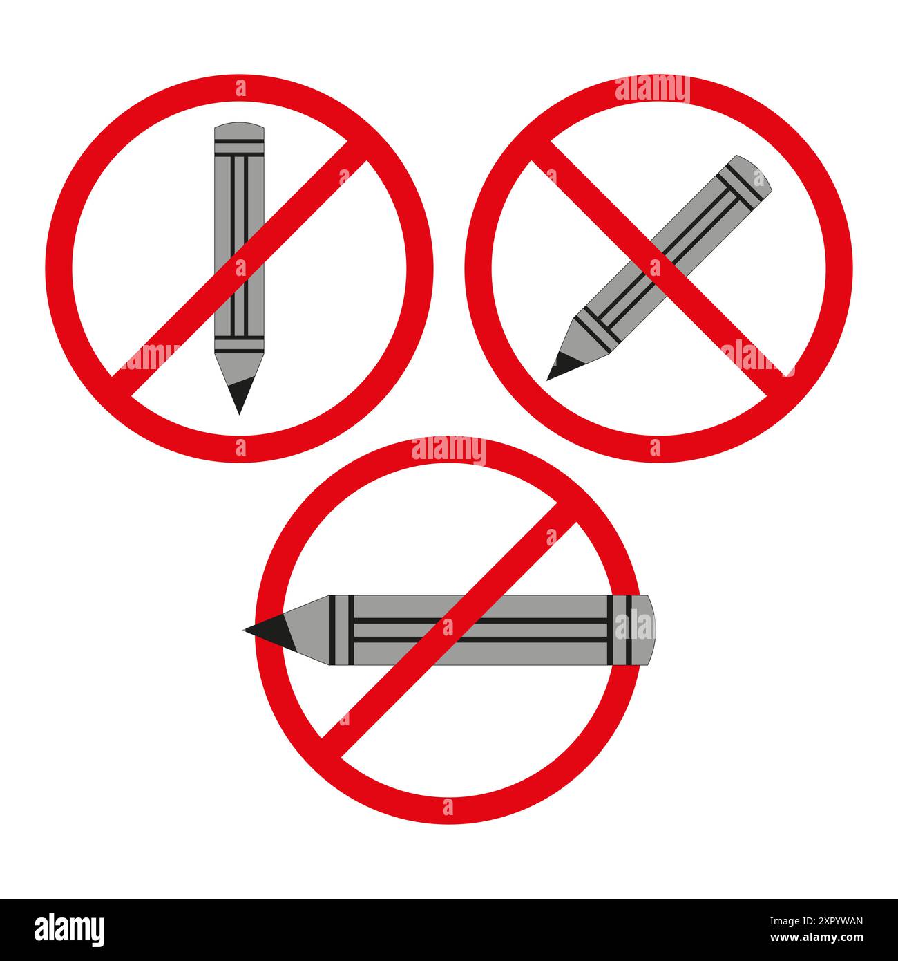 No pencil icon. Red prohibition sign. Three forbidden symbols. Vector ...