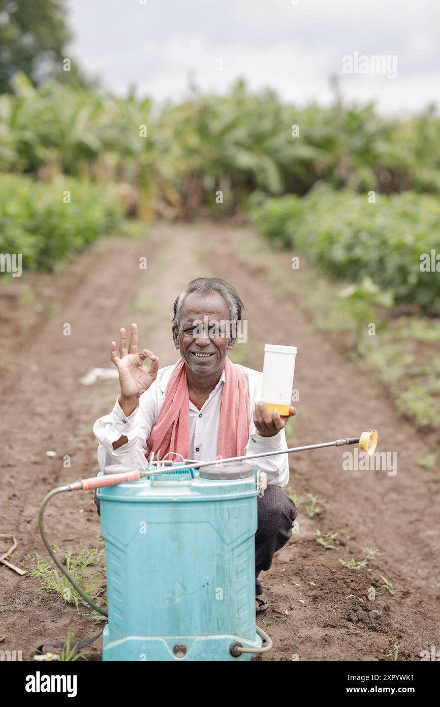 Indian farmer working on farm field, spraying fertilizer on soil and ...