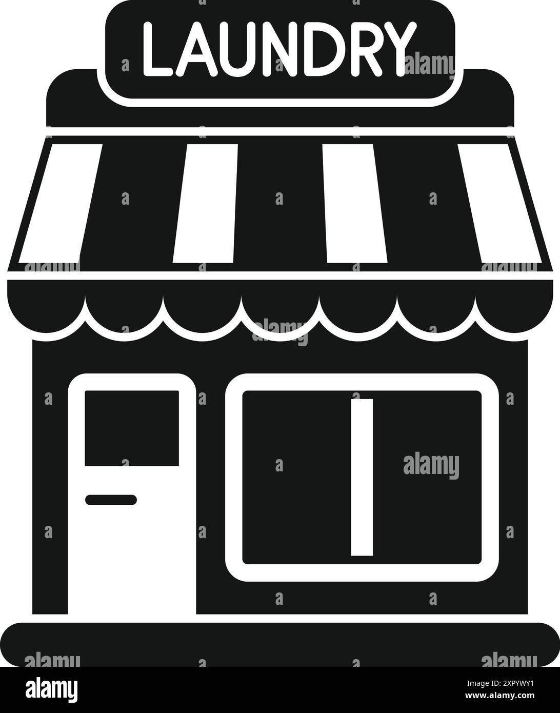 Simple icon of a laundry shop building with striped awning and large ...