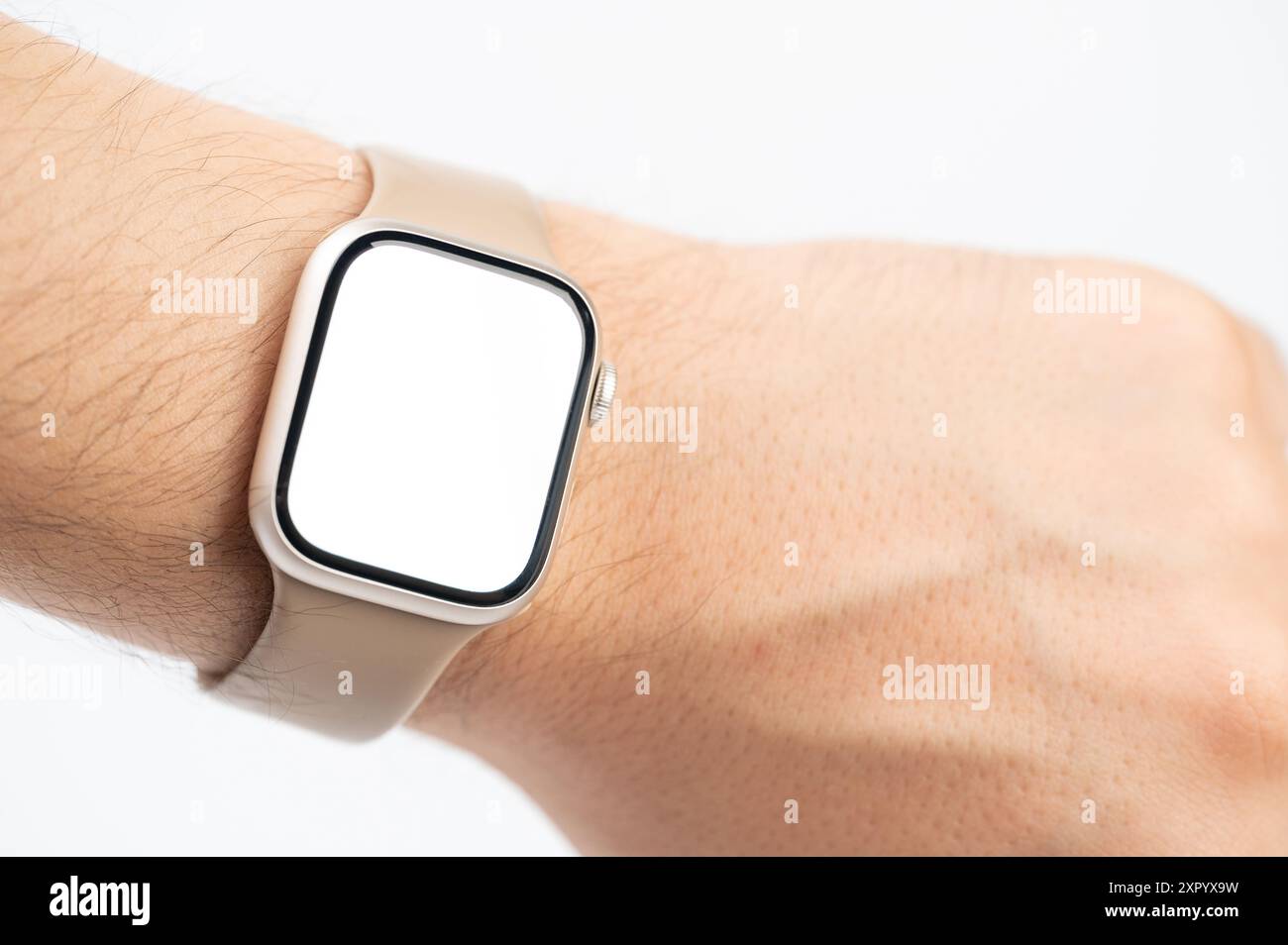 Clean smart watch on wrist with empty blank screen close up view Stock ...