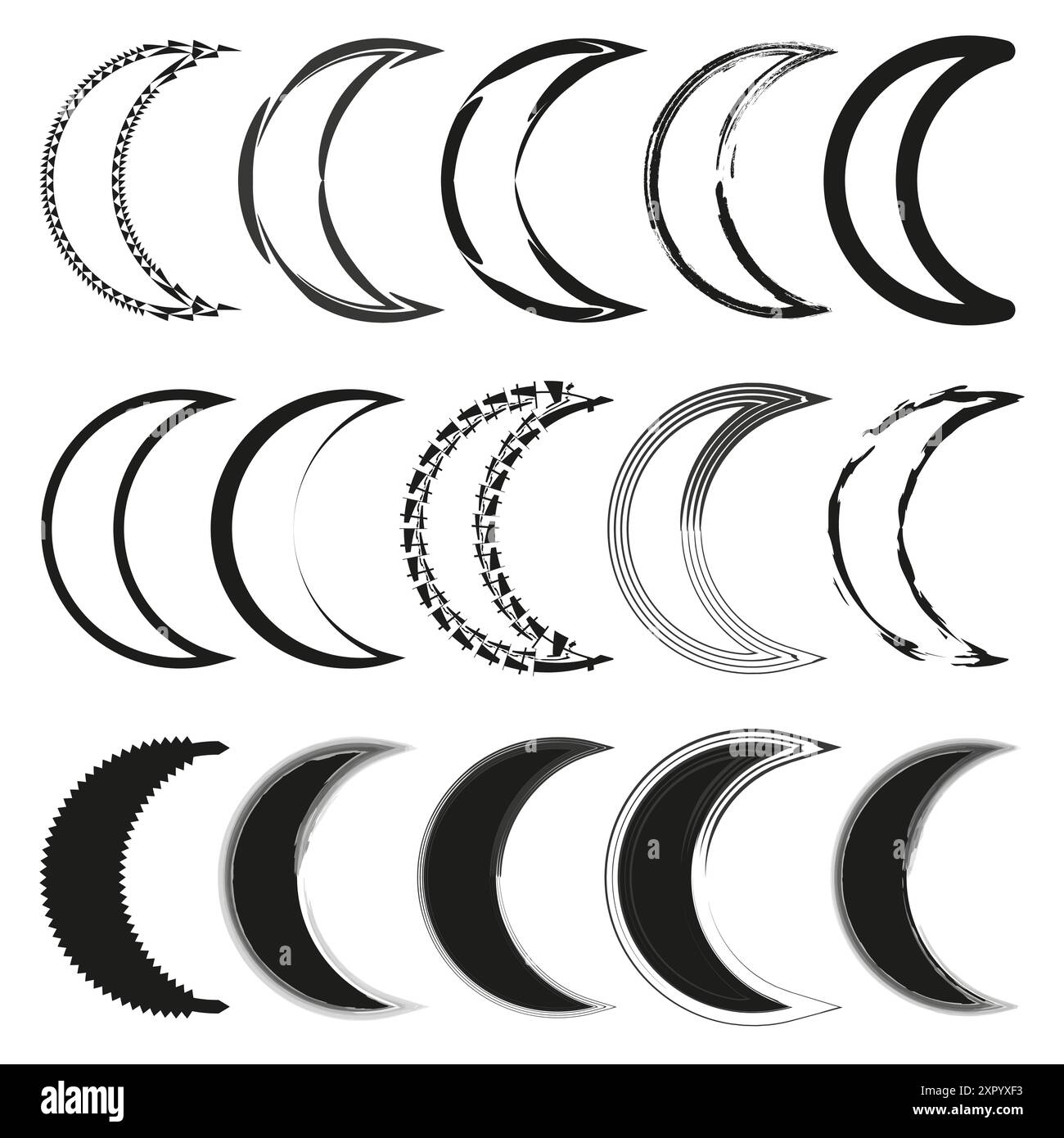 Abstract crescent shapes. Variety of styles. Black and white. Vector ...