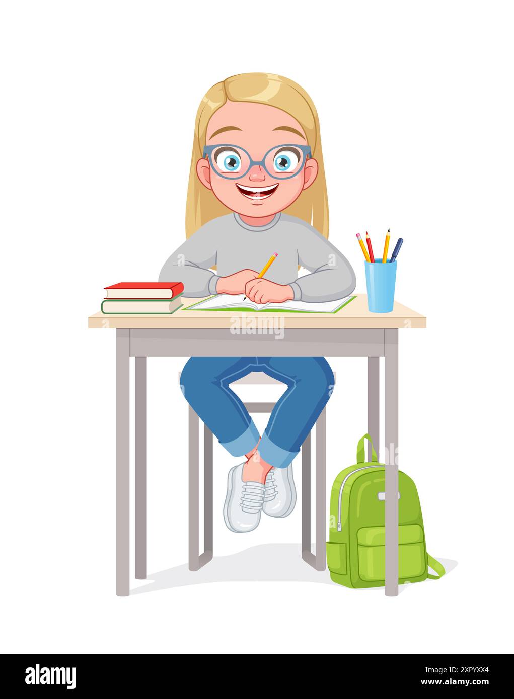 Cute little school girl in glasses sitting at the desk. Cartoon vector ...