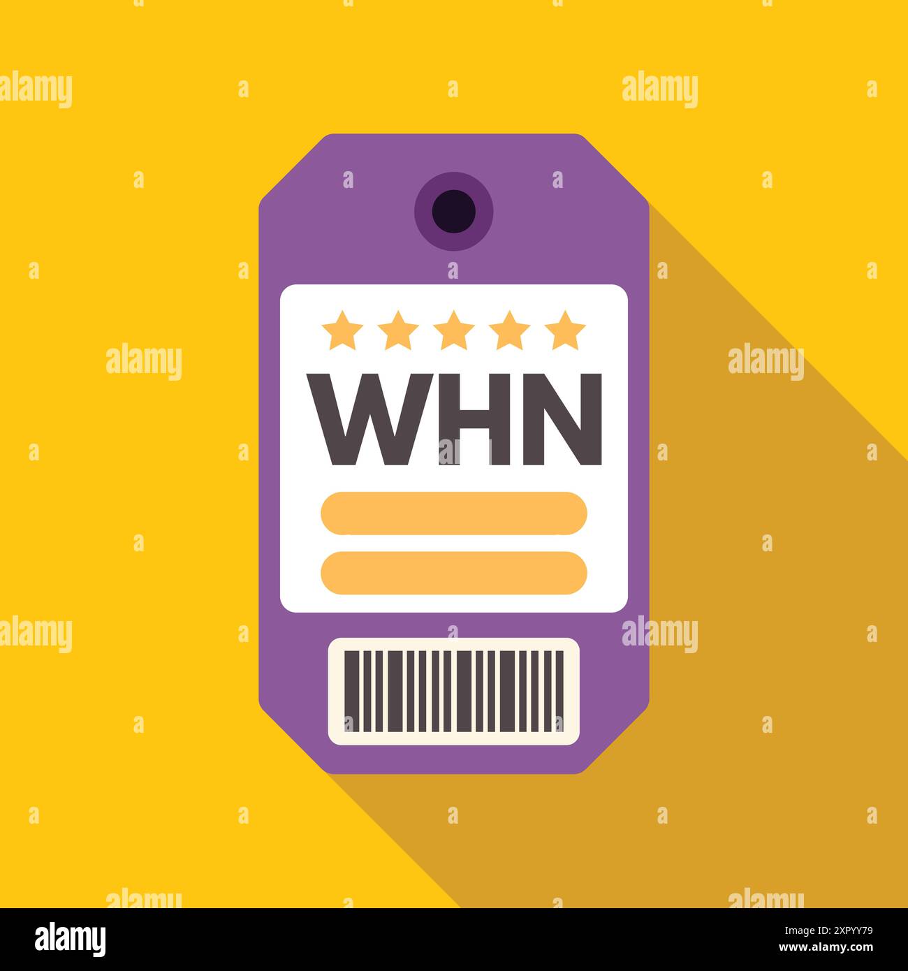 Purple price tag is displaying a five star rating and barcode ...