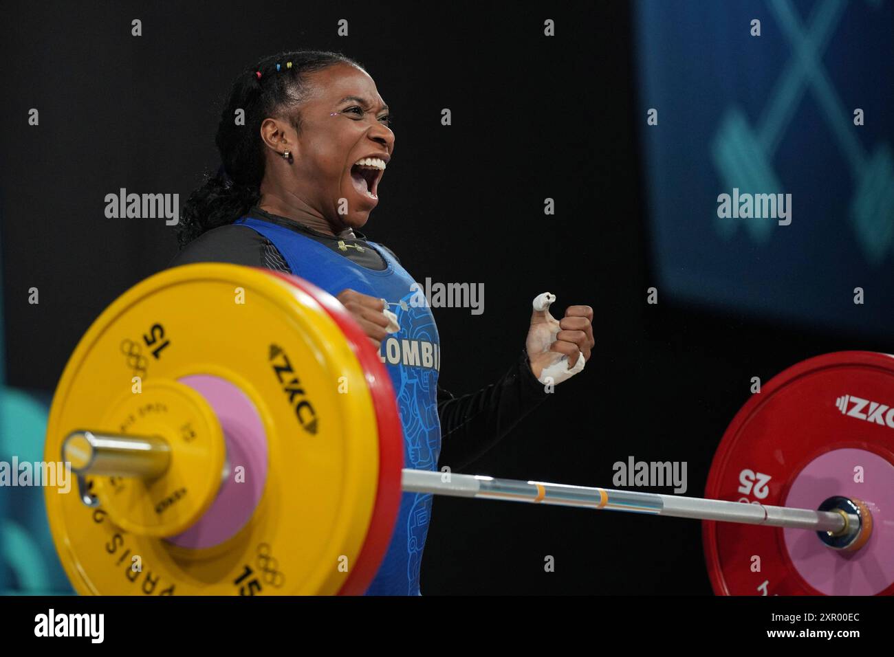 Yenny Alvarez of Colombia reacts as she competes during the women's ...