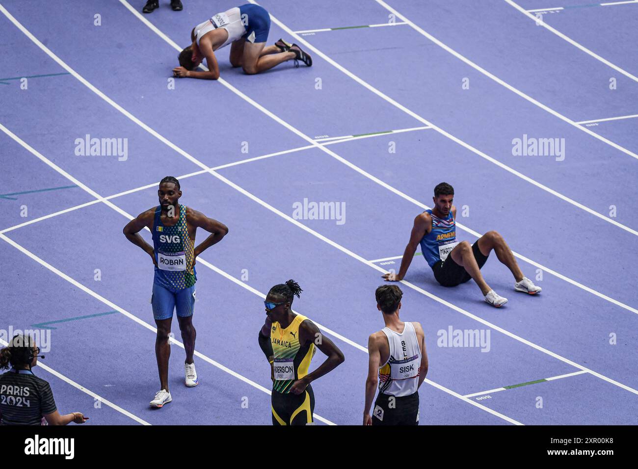 Paris, France. 08th Aug, 2024. Athletes rest after crossing the finish ...
