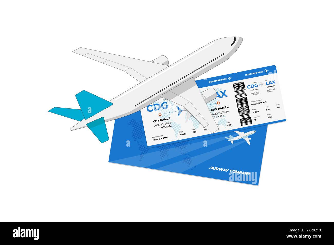 Passenger plane flying above airplane blue ticket. Air travel boarding ...