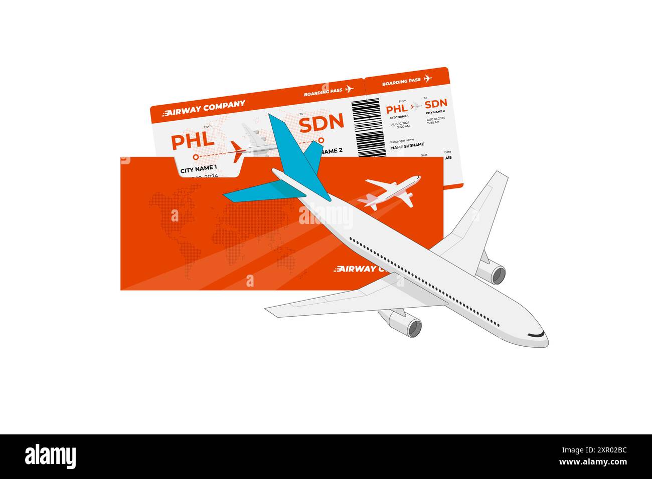 Passenger plane flying above airplane red ticket. Air travel boarding ...