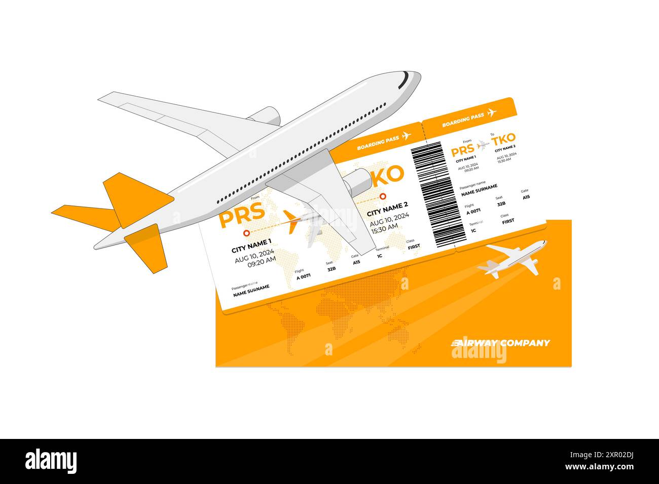 Passenger plane flying above airplane yellow ticket. Air travel ...