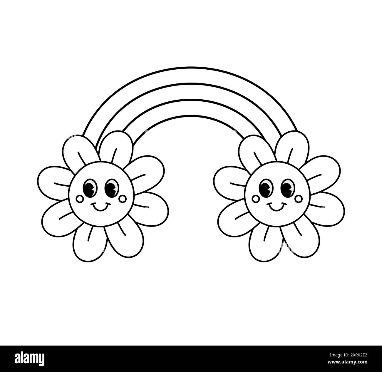 Vector groovy retro cartoon outline rainbow with flowers isolated on ...