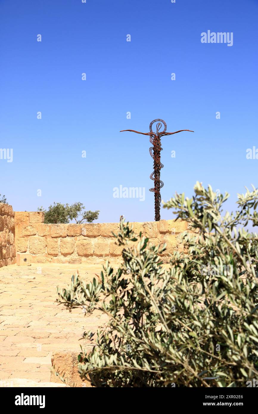 the Serpentine Cross at the top of Mount Nebo in Jordan, place where ...