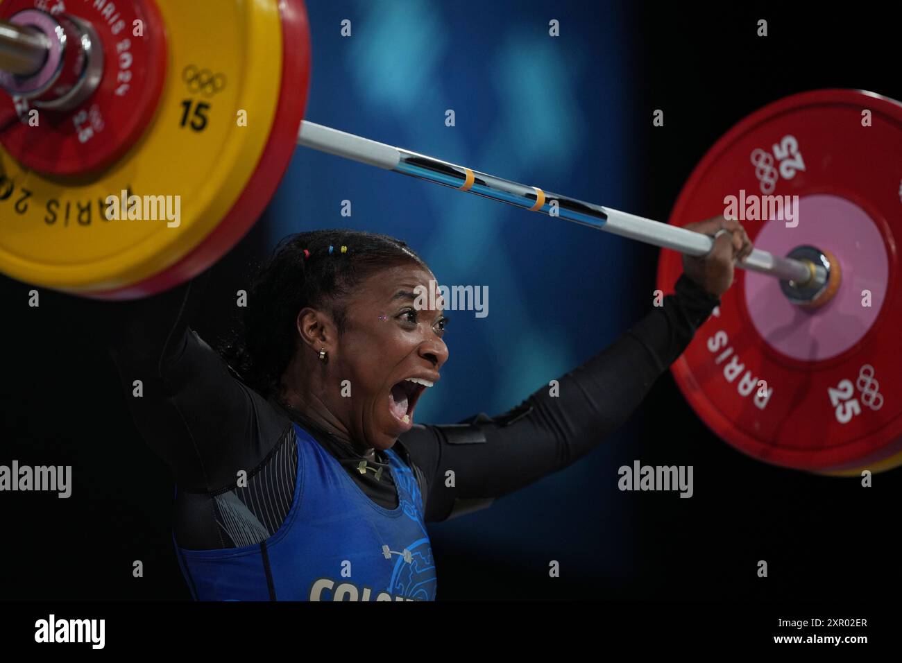 Yenny Alvarez of Colombia reacts as she competes during the women's ...