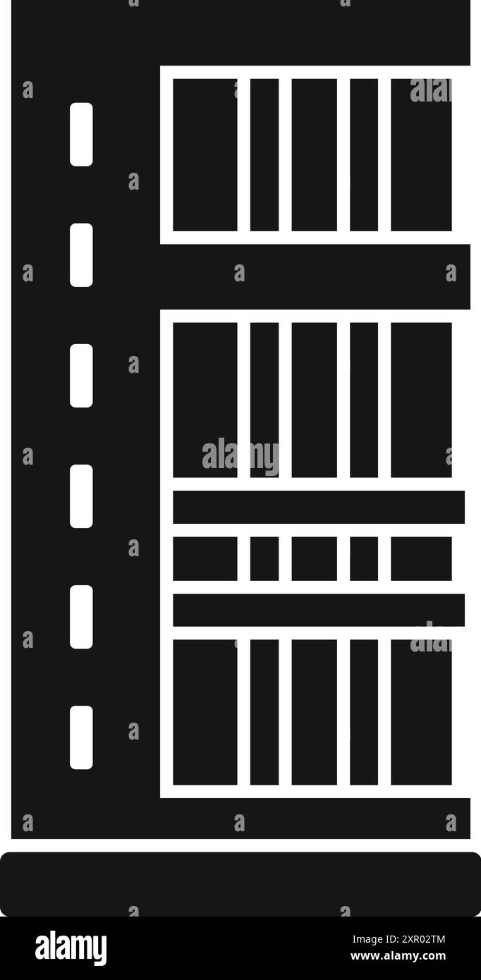Simple icon of a modern building facade showing balconies and windows ...