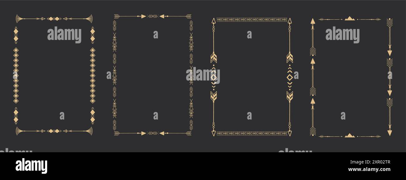 Gold frame set with tribal native indian arrow, ornament. Border thin ...