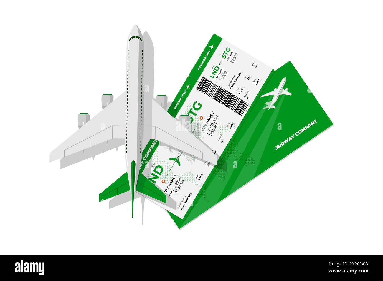 Passenger plane flying above airplane green ticket. Air travel boarding ...