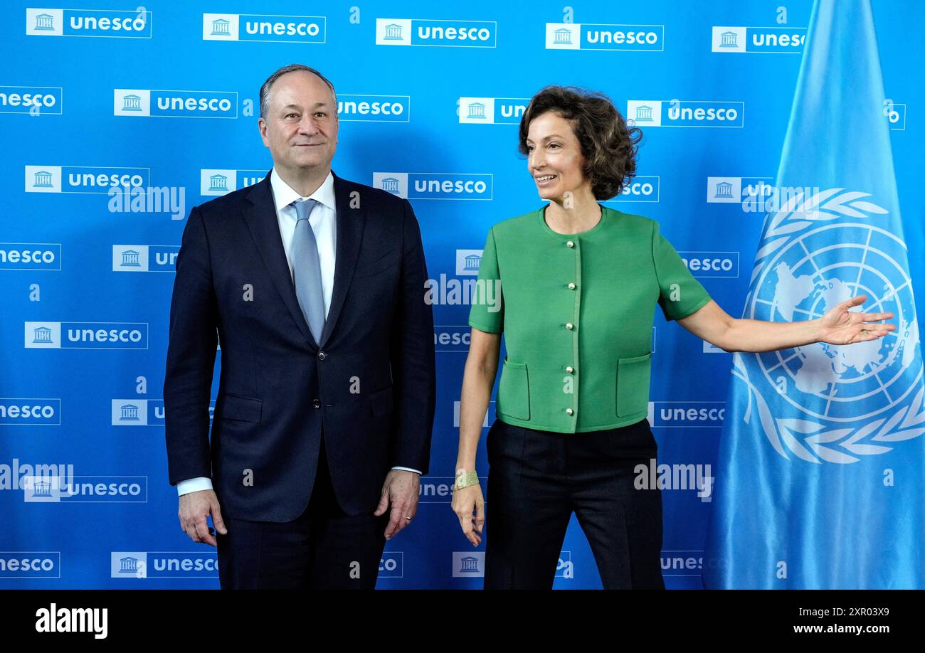 Second Gentleman Doug Emhoff, left, is welcomed by UNESCO Director ...