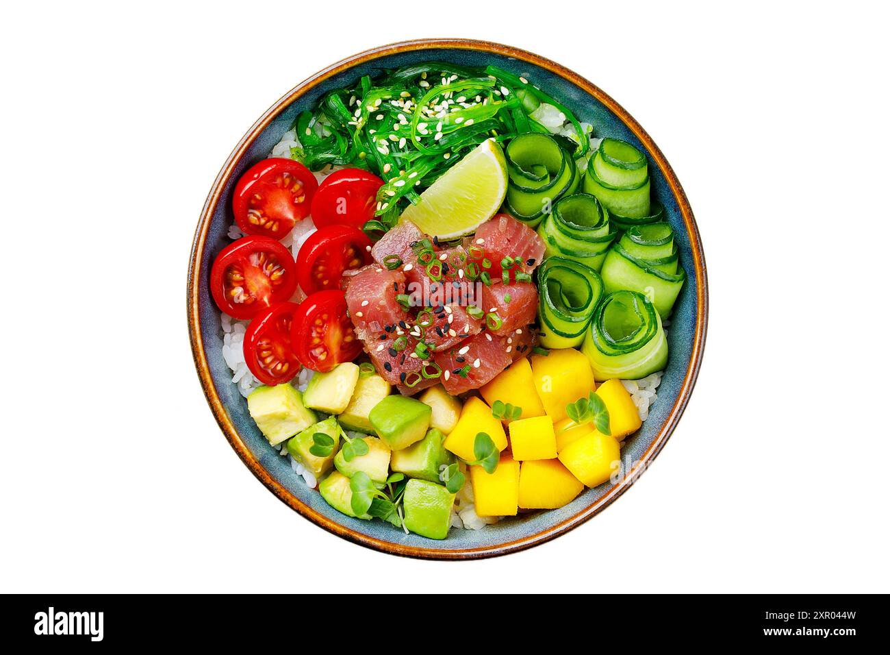 Raw organic ahi tuna poke bowl with rice and veggies isolated on white ...