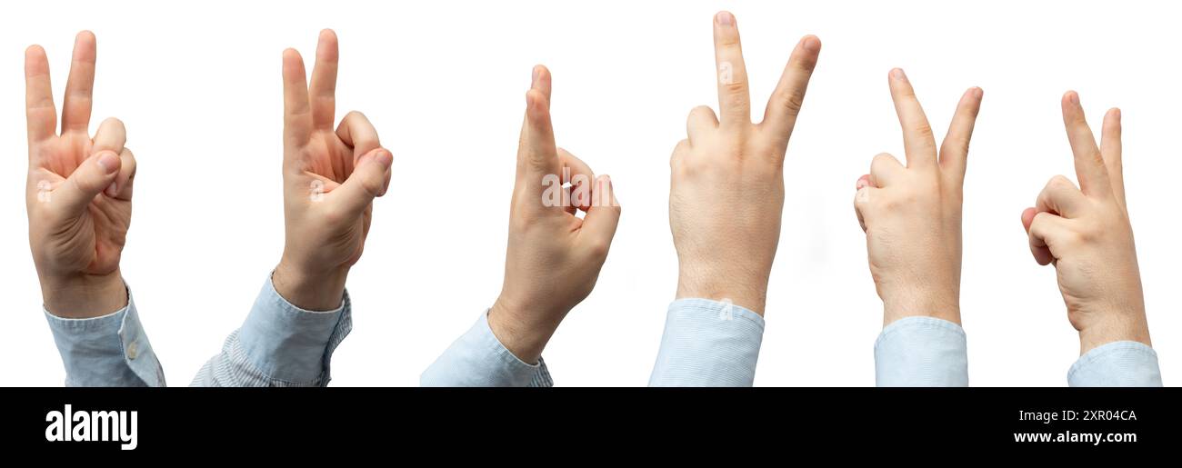 Hand with victory gesture different view isolated on white studio ...