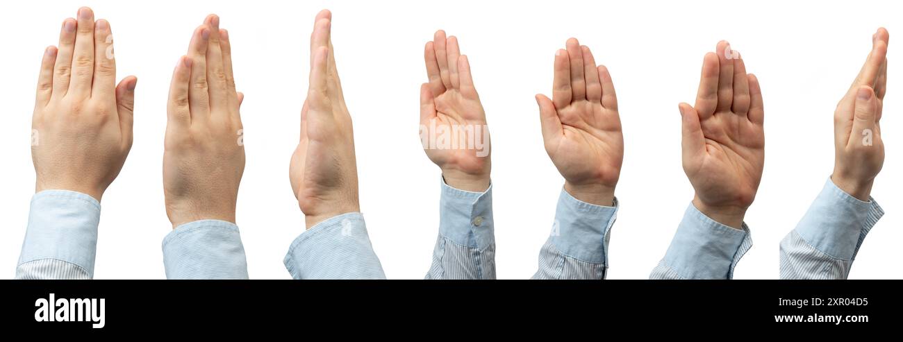 Raised up hand palm different view isolated on white studio background ...