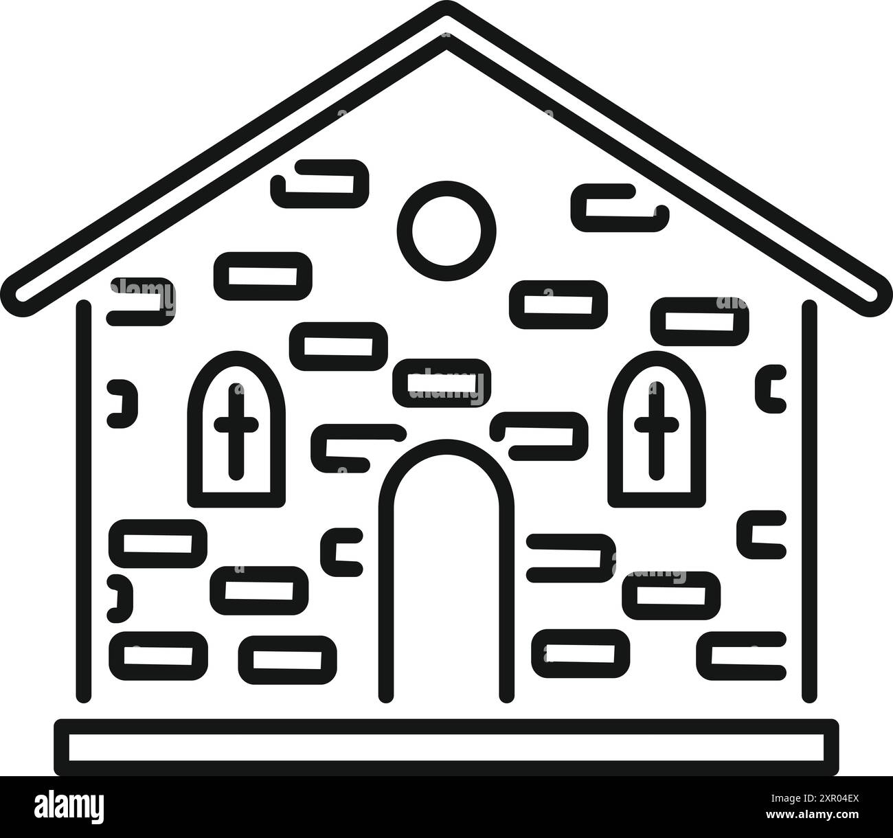 Simple line drawing of a stone house facade featuring an arched doorway ...