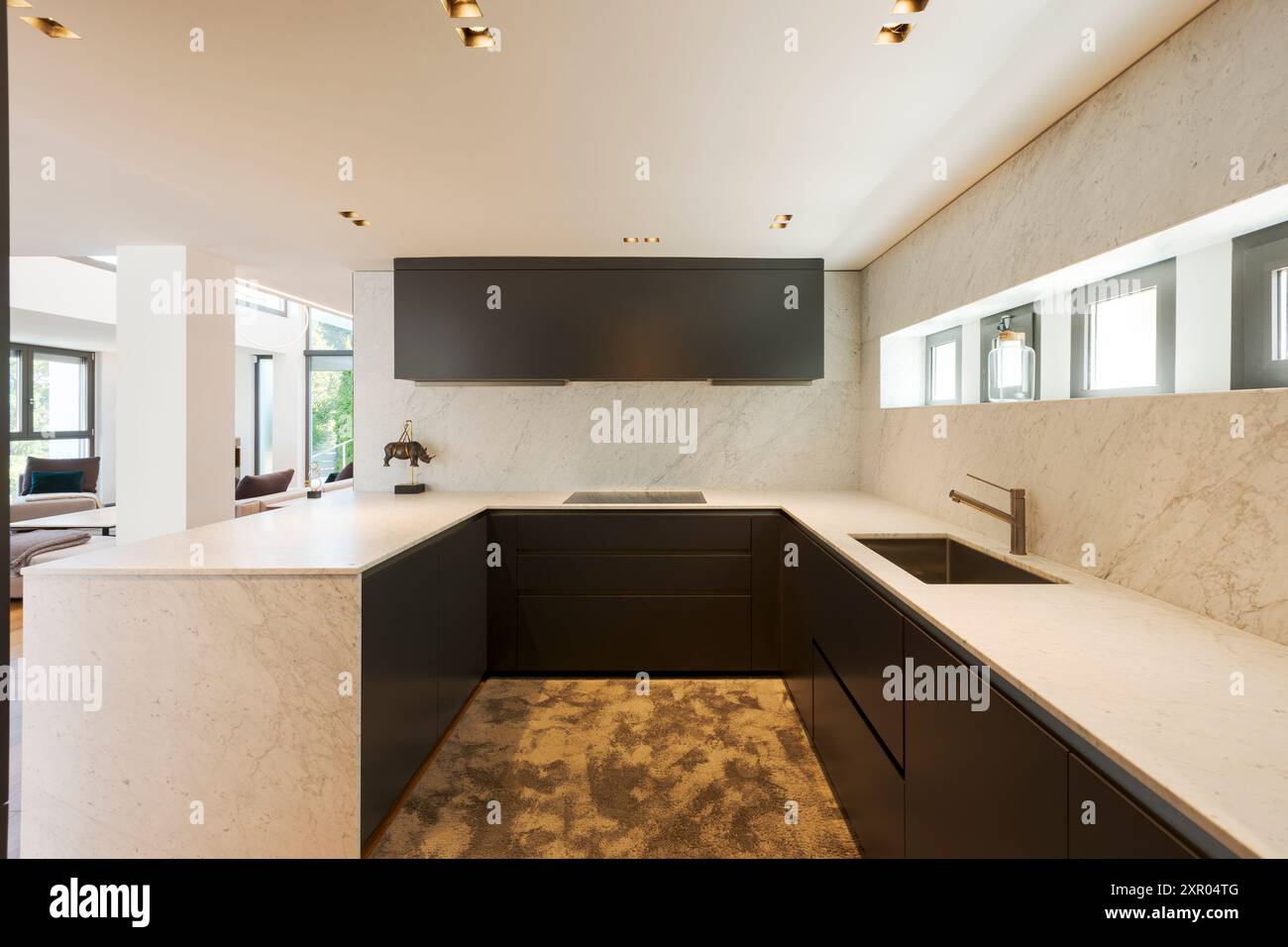 Modern kitchen with marble walls, induction stove, sink and small ...
