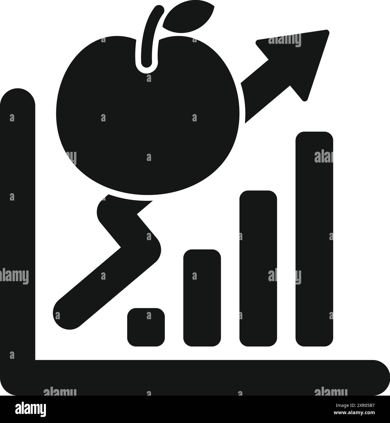 Black and white icon of a growing apple on an increasing bar chart ...