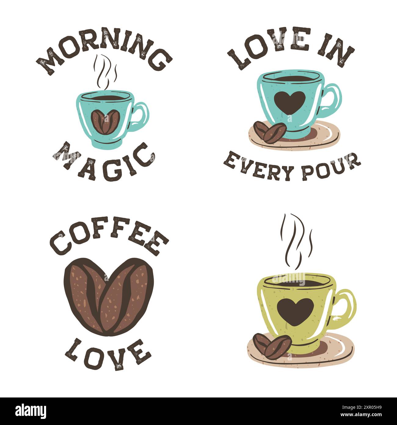 Coffee cups with beans and hearts with inspirational quotes set Stock ...