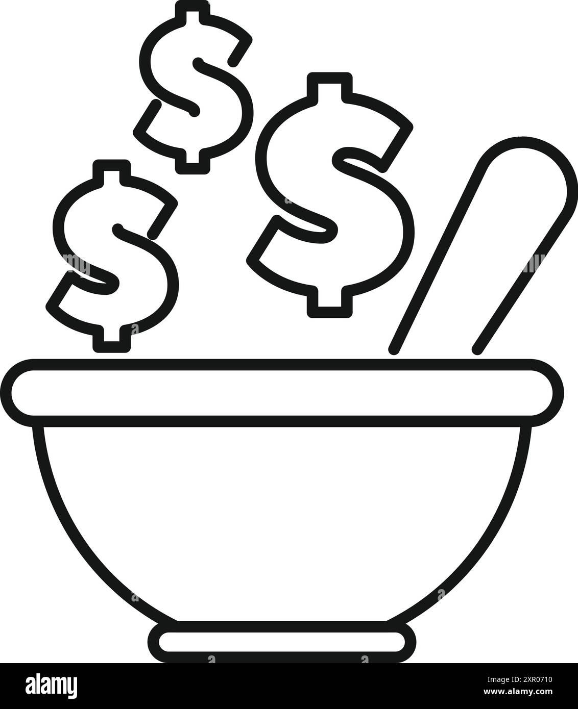 Line art illustration of a mortar and pestle grinding up dollar signs ...