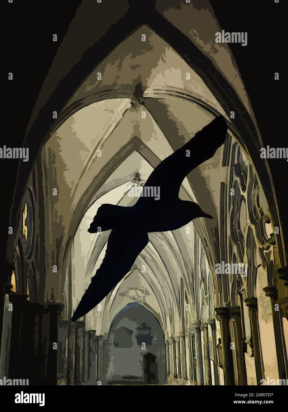 Concept art, outline of bird inside a church, with high ceiling & stone ...