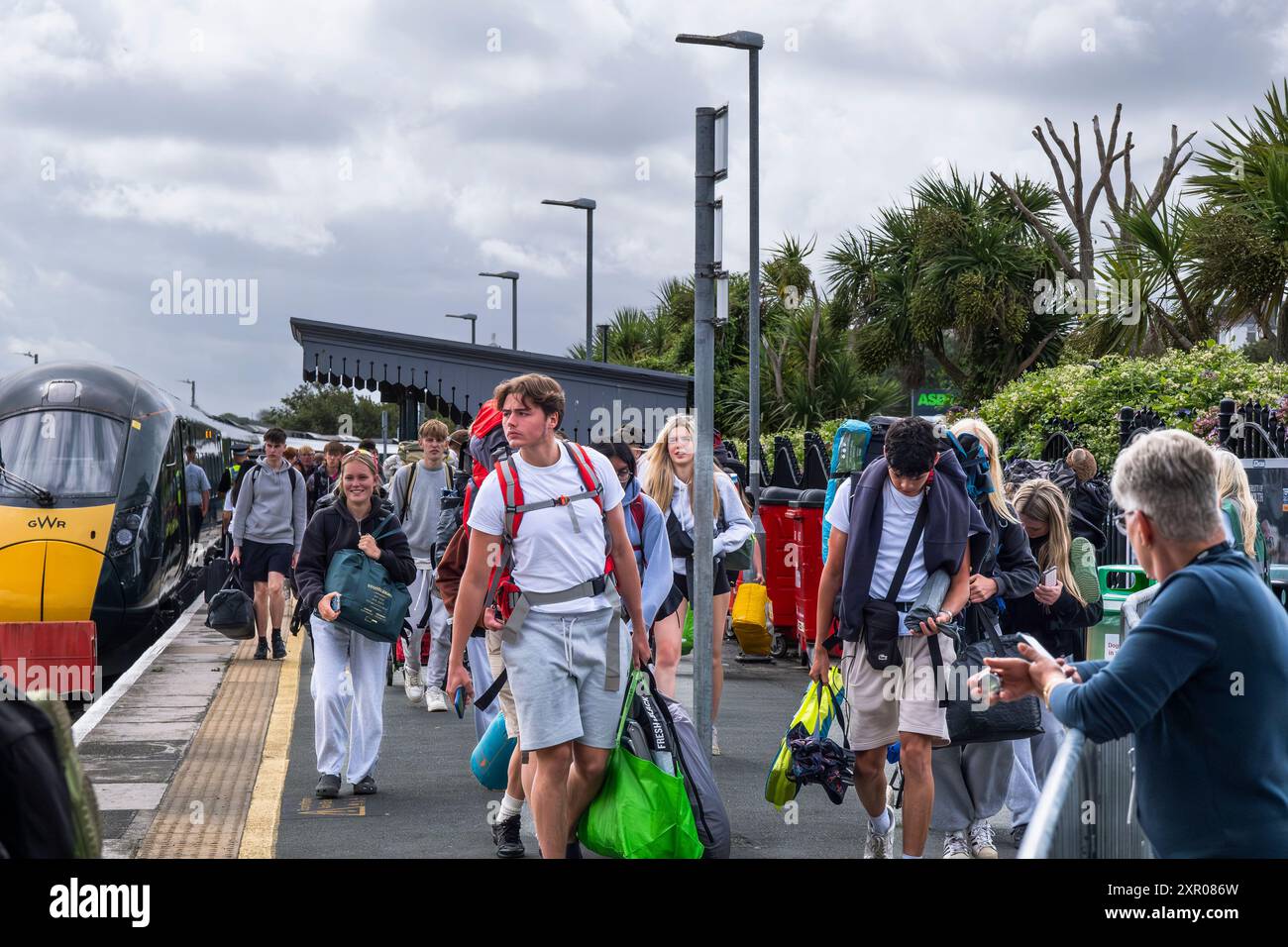 Some of the 1400 excited young people arriving on one train at Newquay ...
