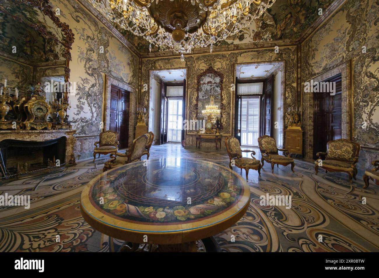 Interior view of the Royal Palace of Madrid, Baroque style, from 1750 ...