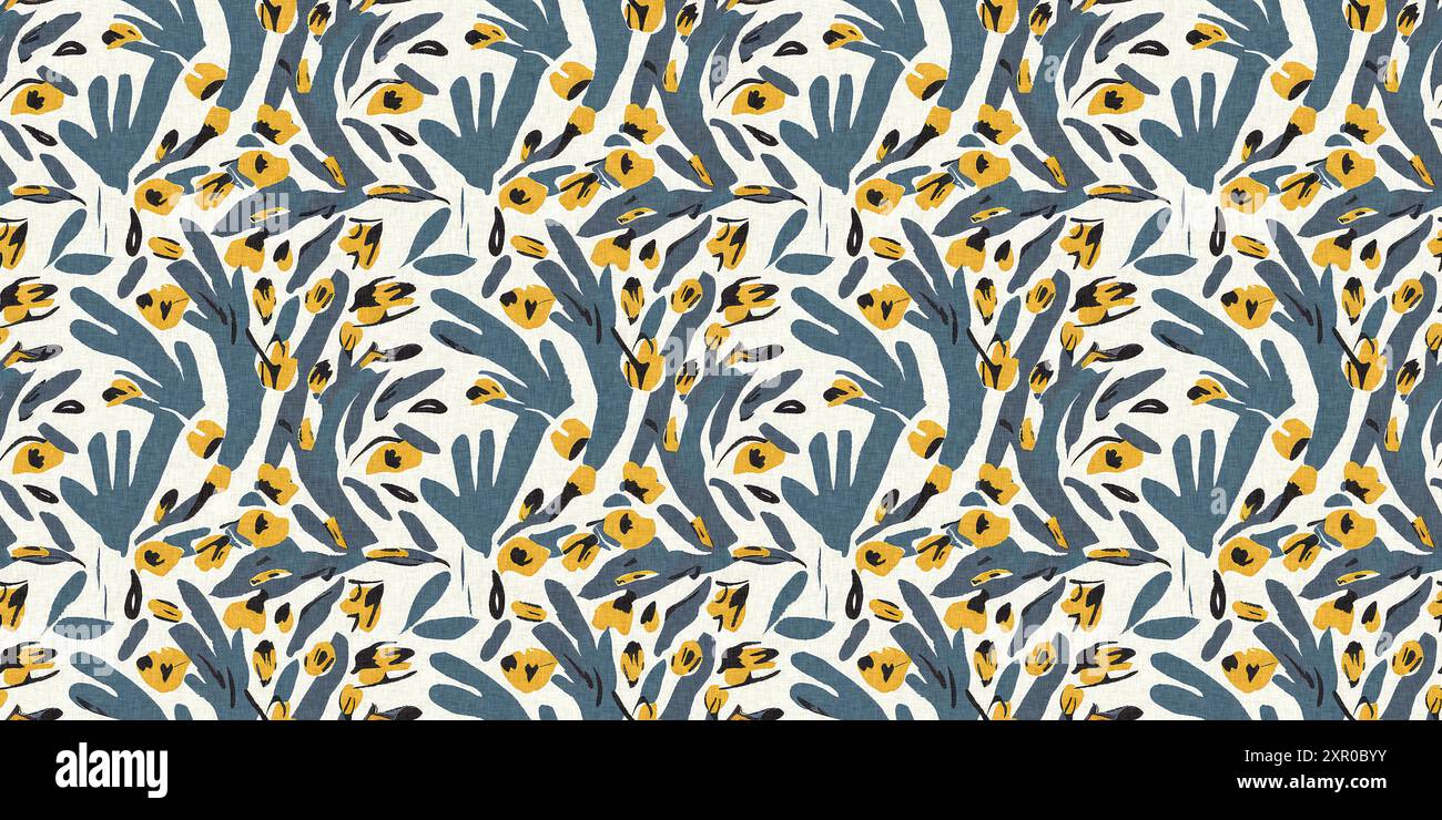 Modern printed fabric flower block print pattern with linen texture ...