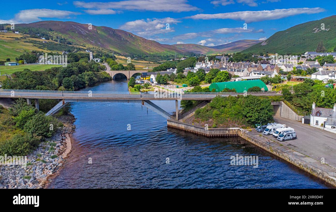 Helmsdale Sutherland Scotland blue sky and the village houses and A9 ...