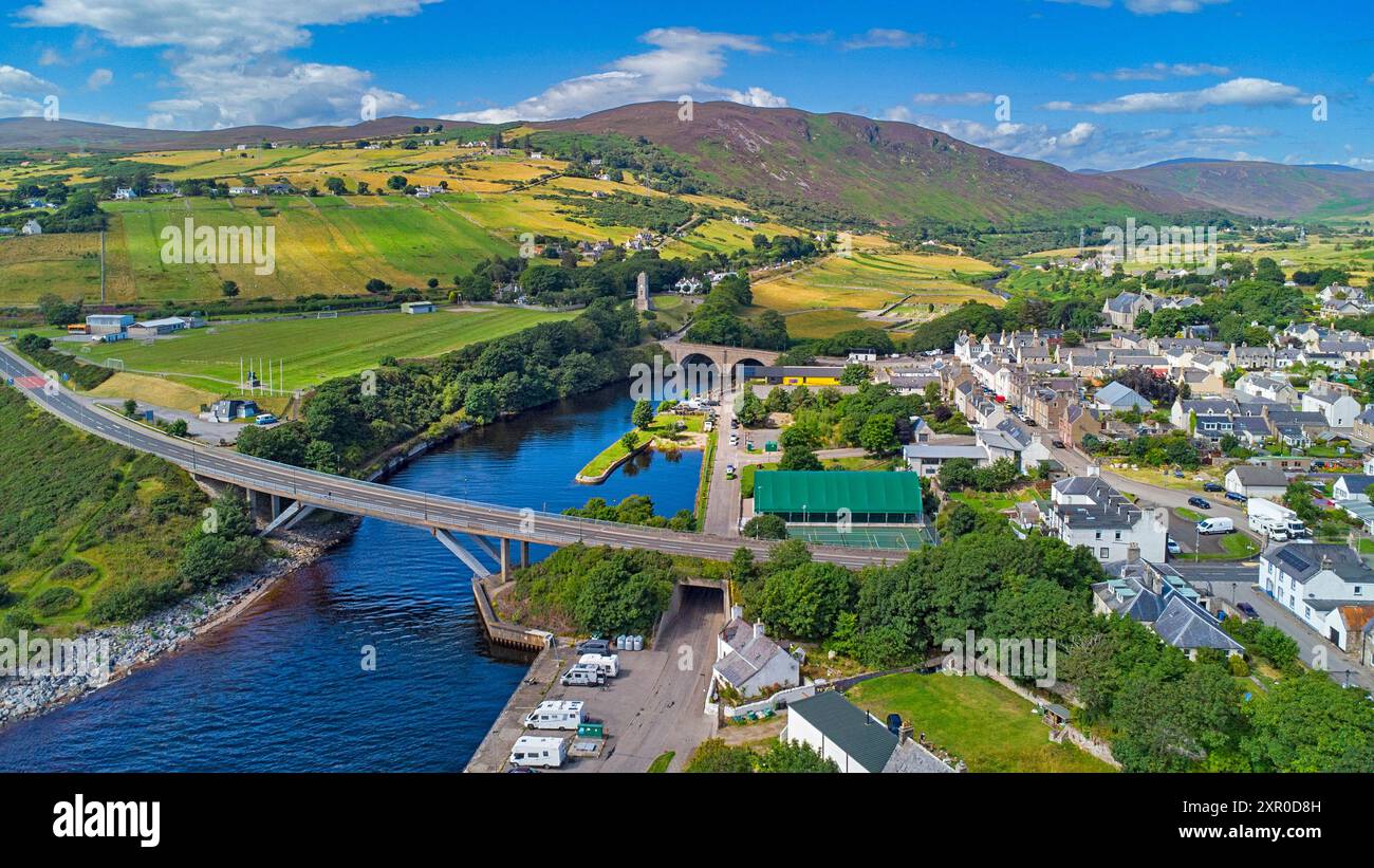 Helmsdale Sutherland Scotland the village houses and A9 road bridge ...