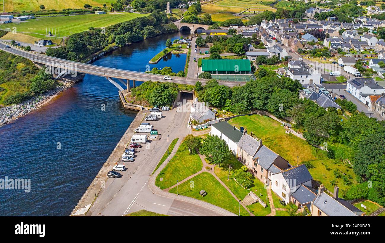 Helmsdale Sutherland Scotland view of the village houses and A9 road ...
