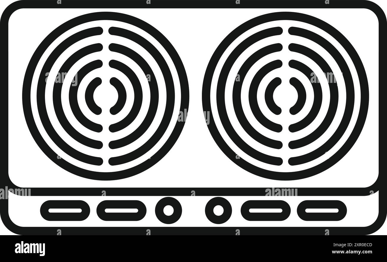 Line drawing of a double burner electric hob with a touch control panel ...