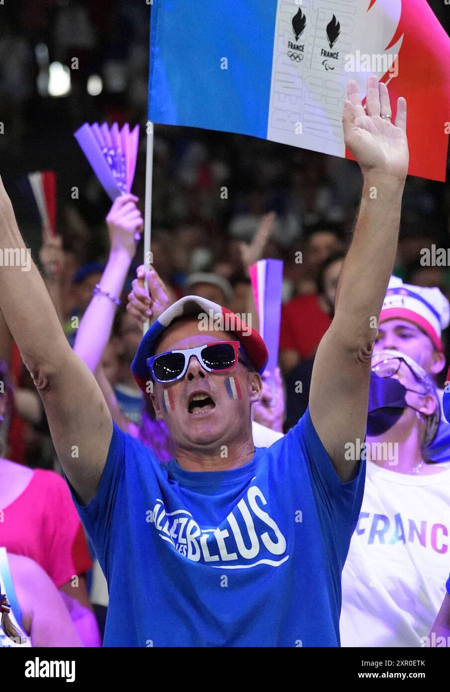 Paris, France. 08th Aug, 2024. French fan cheers before start of France ...