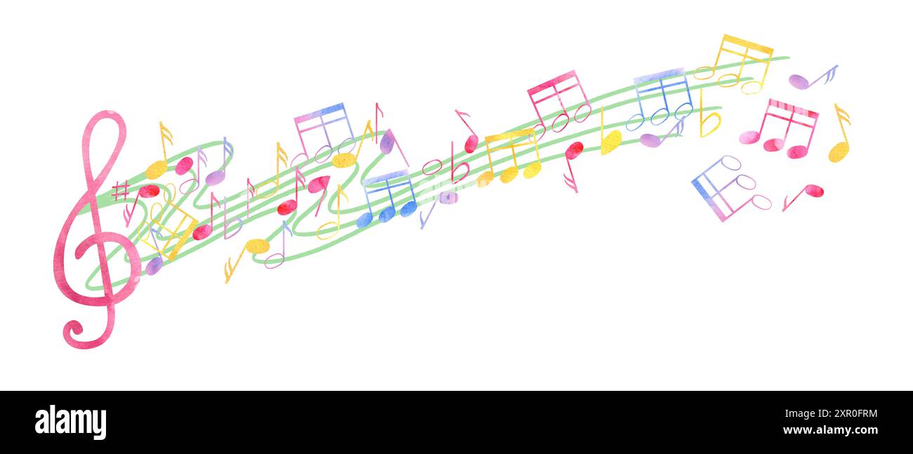 Multicolored music notes, treble clef. Notes flying through the waves ...