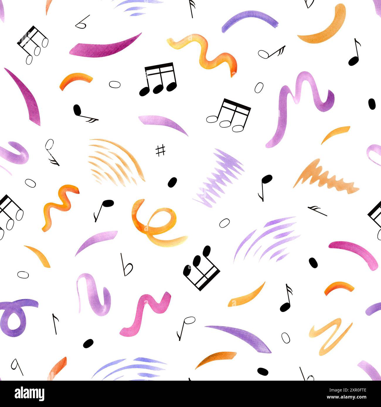 Multicolored line doodle and black music notes. Seamless pattern in ...