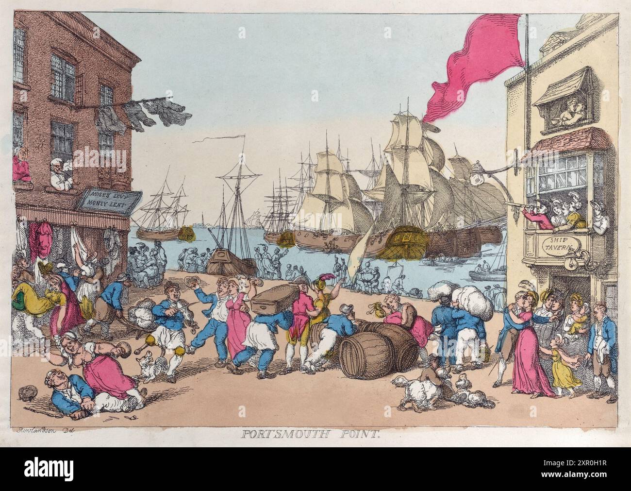A humorous cartoon print coloured engraving of Portsmouth Point ...